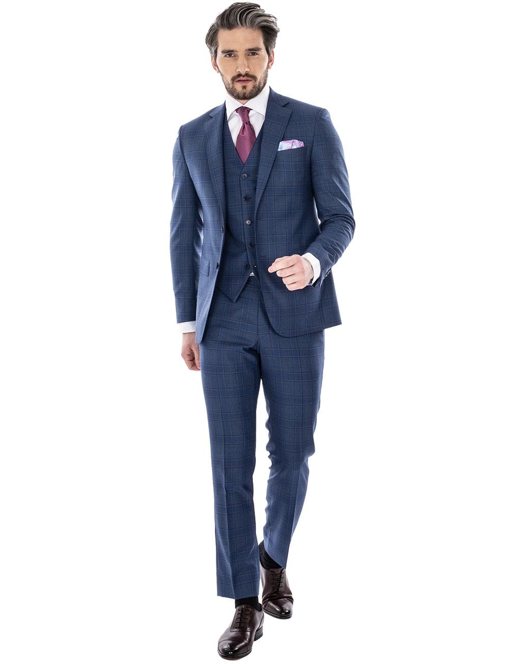 Louis Copeland Deep Blue Plaid Check Slim Fit Three Piece Suit Blue ...